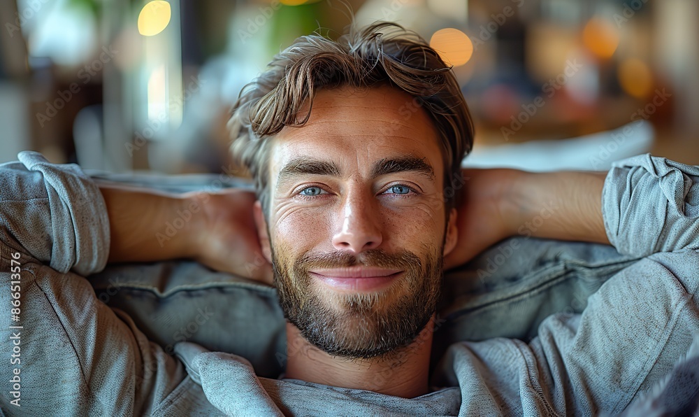 Contented young man unwinds on a cozy sofa, eyes closed and a smile on ...
