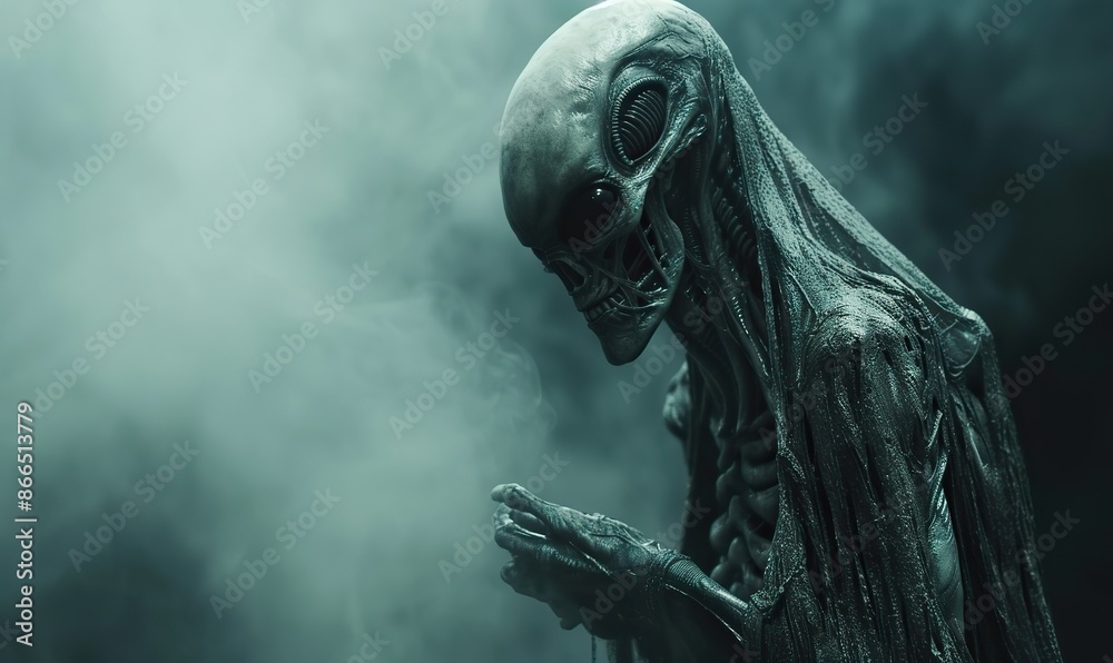 Inky void framed by a smoky UFO, a chillingly gray alien strolls, its ...