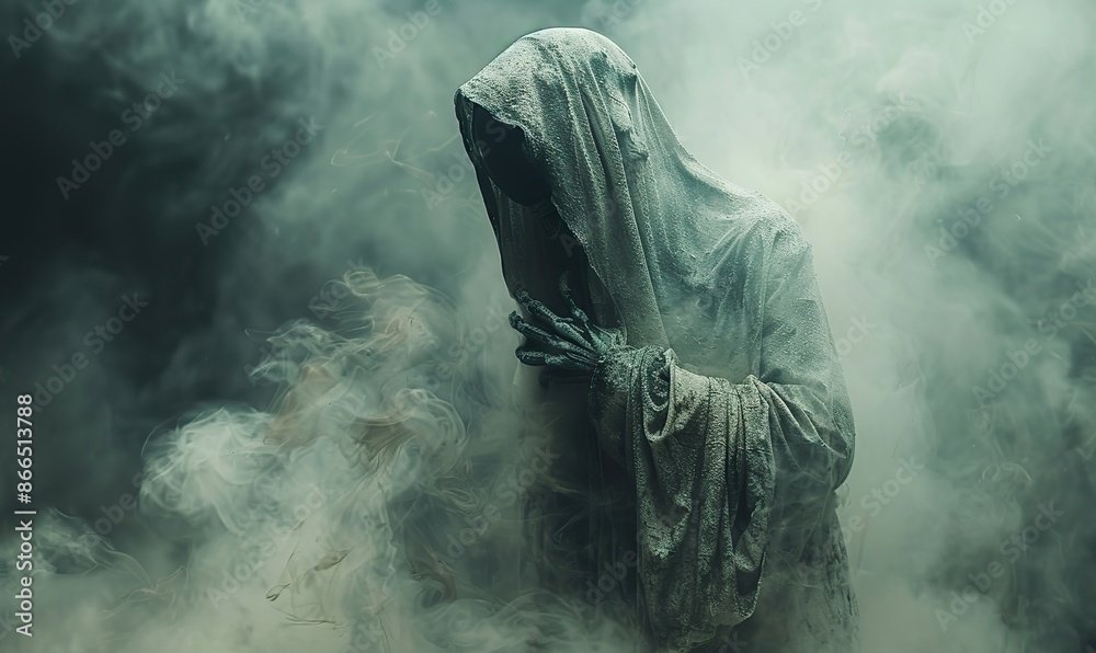 Inky void framed by a smoky UFO, a chillingly gray alien strolls, its ...