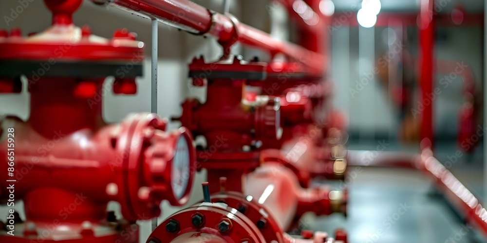 Detailed view of red fire suppression system valves in a building ...