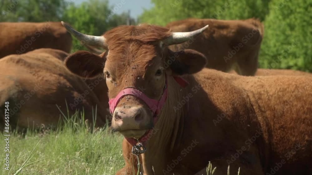 A Limousin beef cow with large horns in a halter is lying on a rural ...