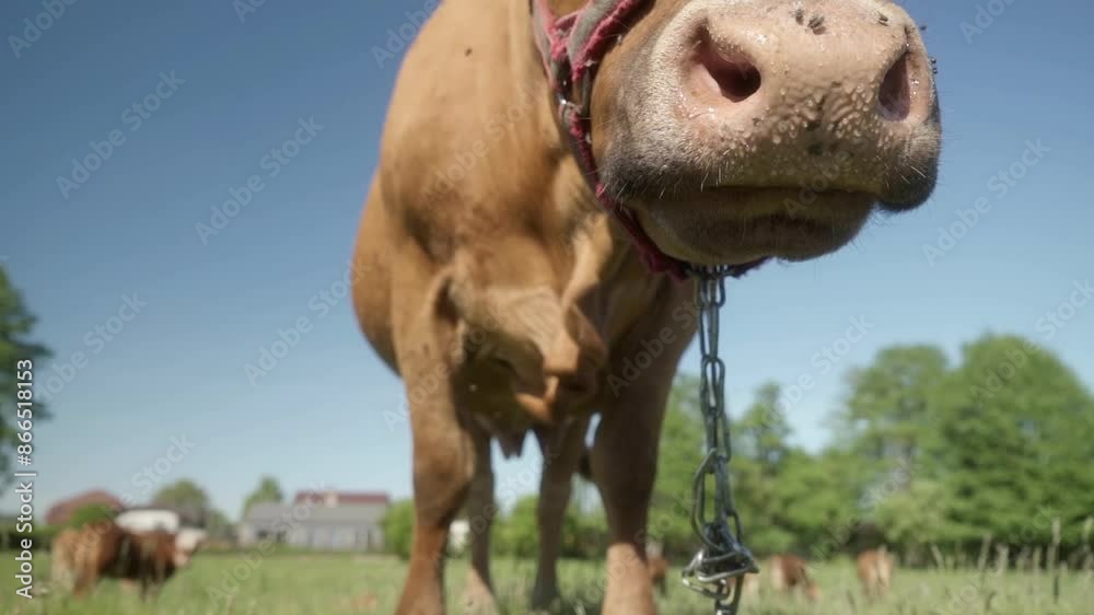 Close-up of a cow's muzzle chewing cud, with its wet nose covered in ...