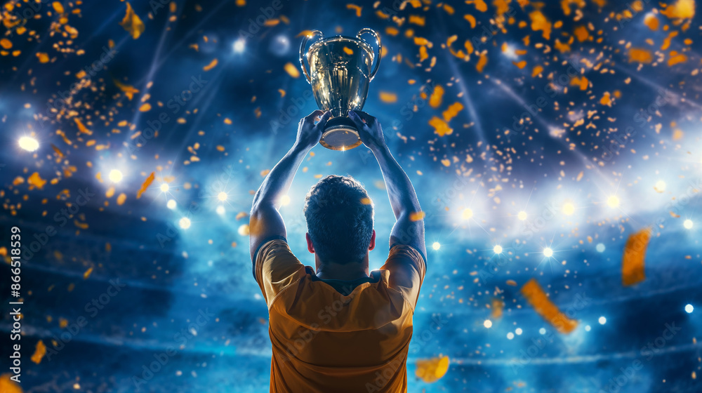 Athlete celebrates victory background with championship trophy under ...