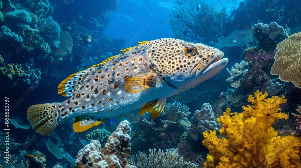 Spotted fish in coral reef. A vibrant spotted fish swims through a ...