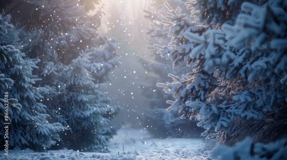 Magical winter wonderland snowfall in forest. Serene winter scene with ...