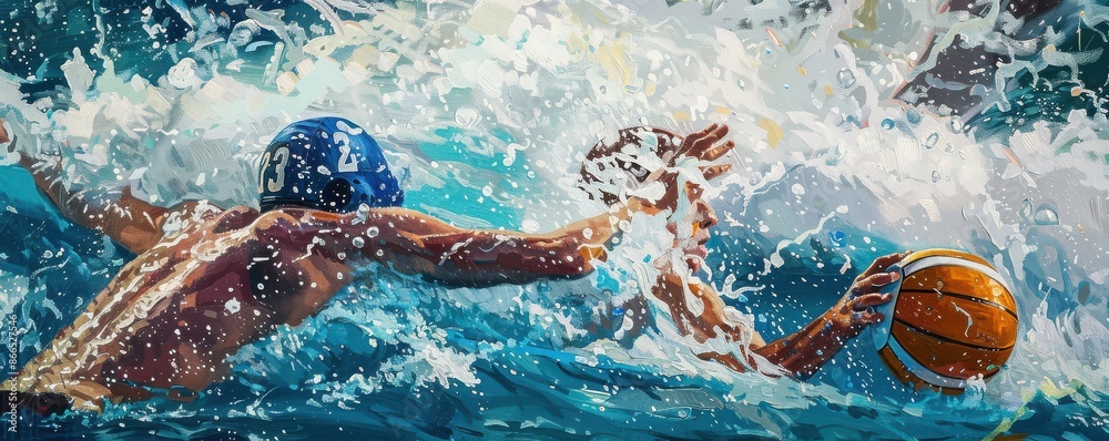 Close-up action shot of a water polo player in the midst of a game ...