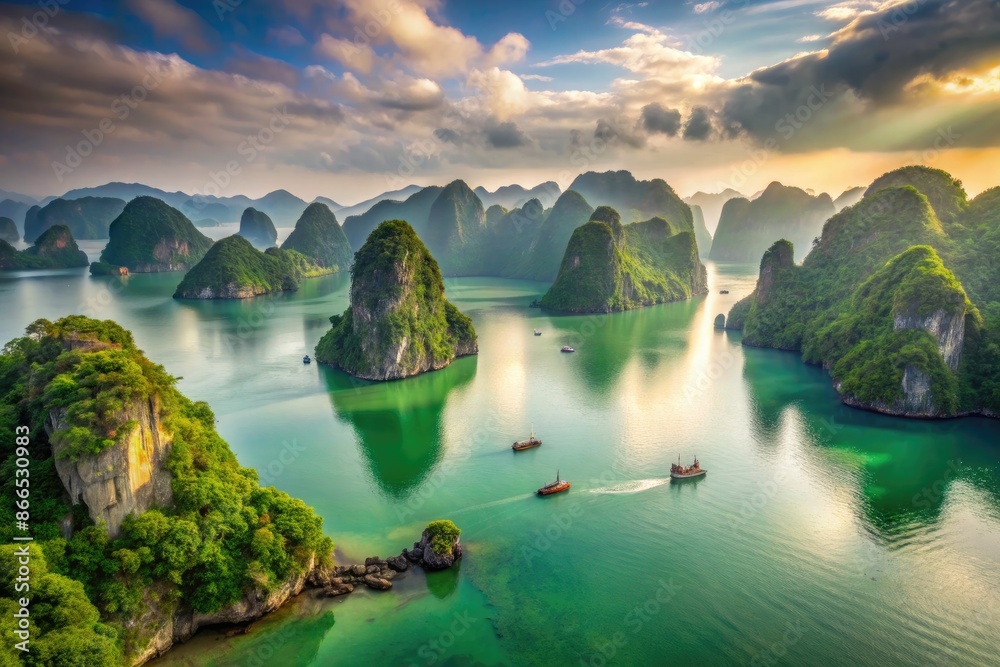 The iconic limestone karsts and isles of Halong Bay emerging from the ...