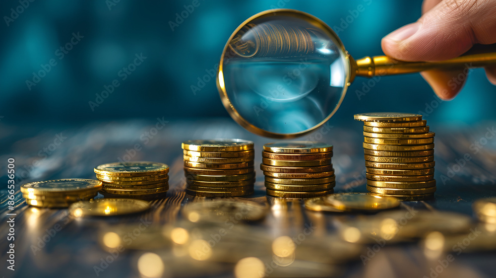 A hand holding a magnifying glass, which magnifies a stack of golden ...
