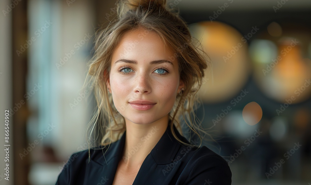 In a black suit, a woman with a serious demeanor is portrayed ...