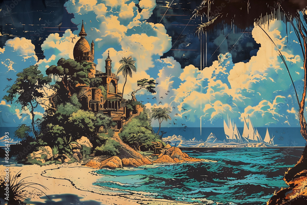 dark vintage comic book pirate island, desert island landscape Stock ...