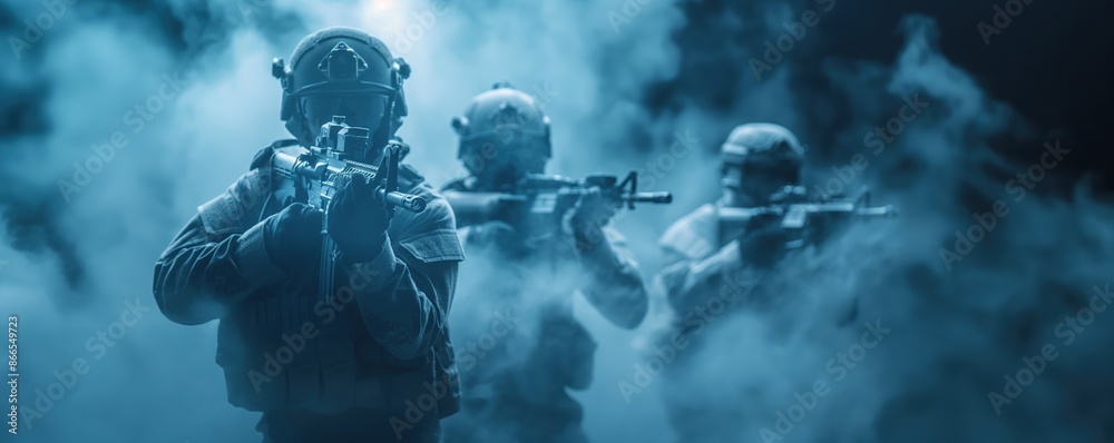 Special forces team conducting a covert mission at night, military ...