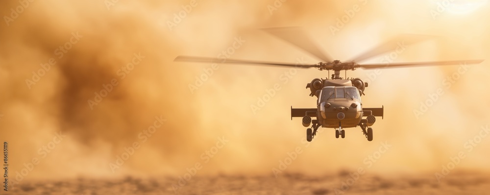 Military helicopter landing in a desert terrain, air support, tactical ...