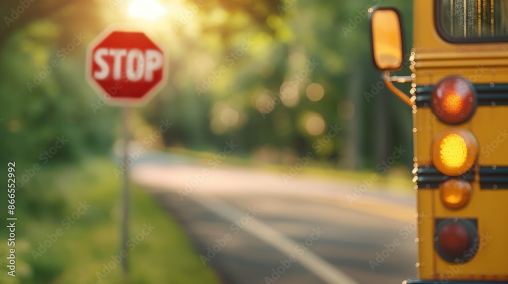 School bus stopping with flashing lights and stop sign extended, school ...