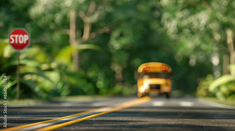 School bus stopping with flashing lights and stop sign extended, school ...