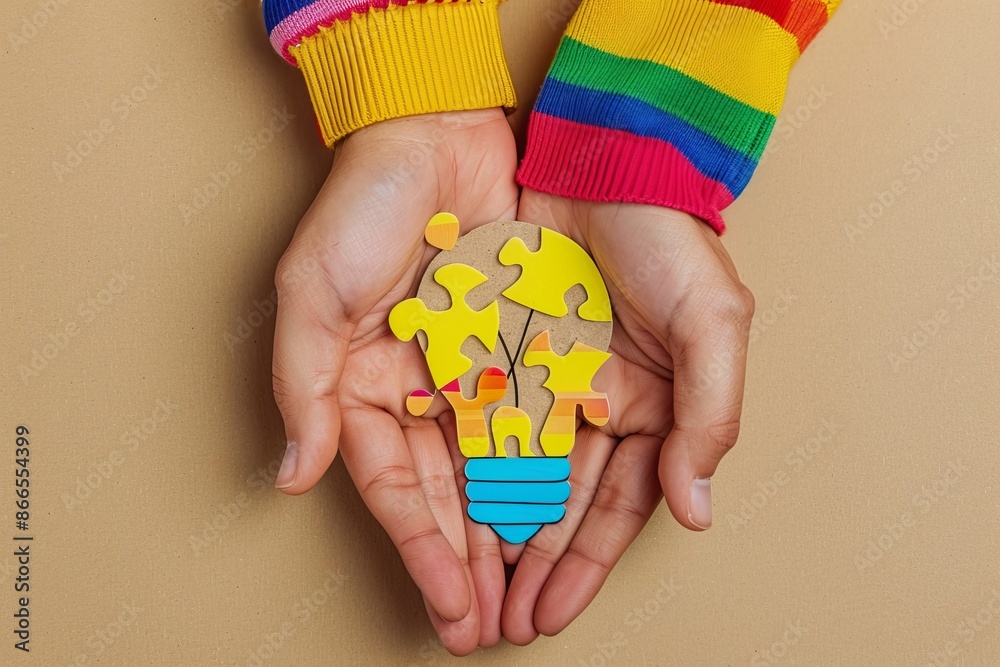 This Composite Collage Image Shows Four People Holding A Lightbulb Puzzle Piece With Their Arms