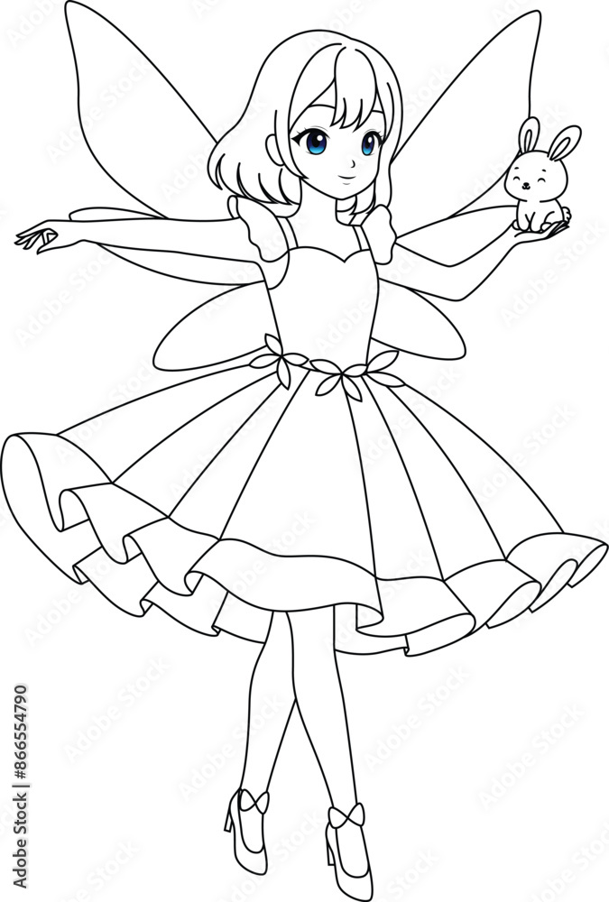Cute kawaii fairy and bunny outline coloring page for kids Stock Vector ...