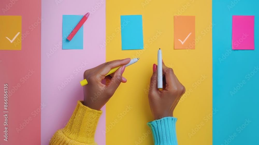 Hands writing check marks on a form, pointing to a to do list, in ...