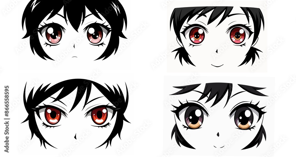 A set of 4 faces of a Korean girl with big brown eyes and short pink ... A set of 4 faces of a Korean girl with big brown eyes and short pink ...
