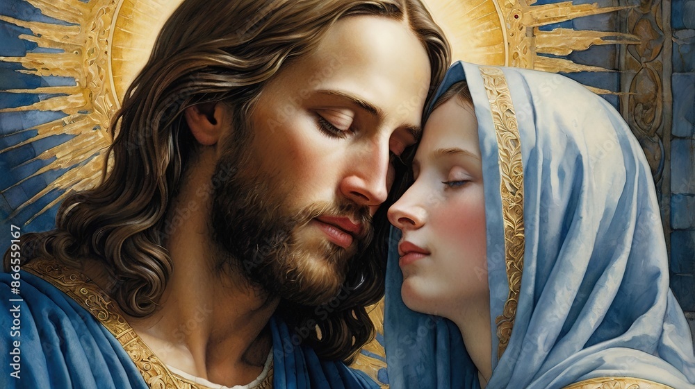 Jesus Christ, Jesus next to the Virgin Mary joining hands. Portrait of ...