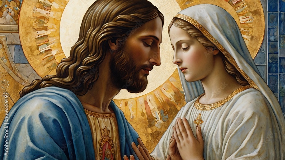 Jesus Christ, Jesus next to the Virgin Mary joining hands. Portrait of ...