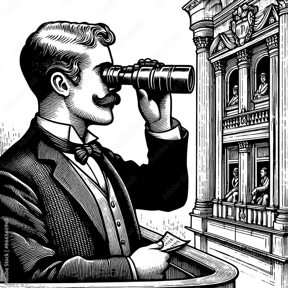 Victorian-era gentleman using a telescope to observe a grand building ...
