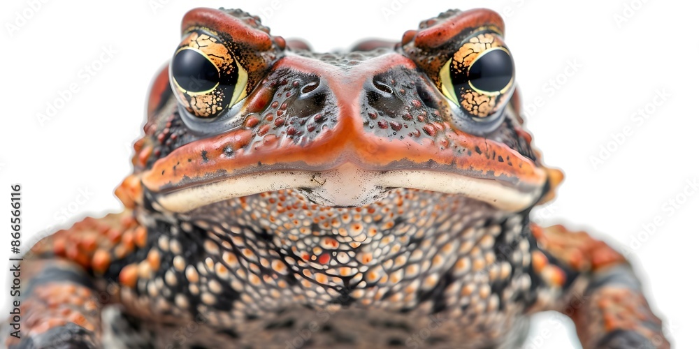 In the title "Isolated cutout image of a Bufo alvarius toad with golden ...