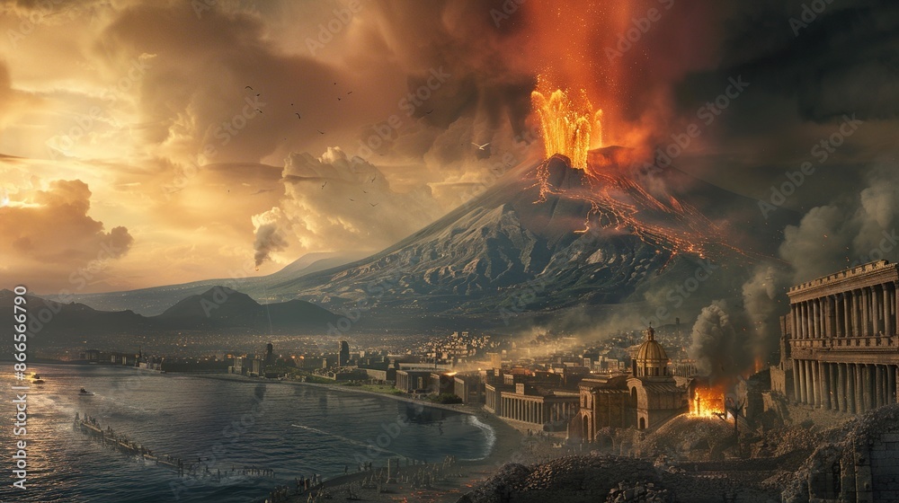 eruption of Mount Vesuvius, burying Pompeii in ash and smoke ilustração ...
