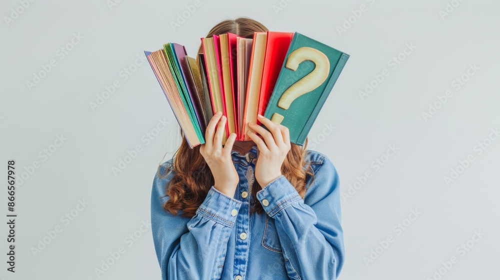 Isolated on white background, a funky girl hides her face, reads books ...