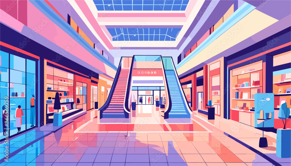 A large shopping mall, outlet with elevator staircase leading to the ...