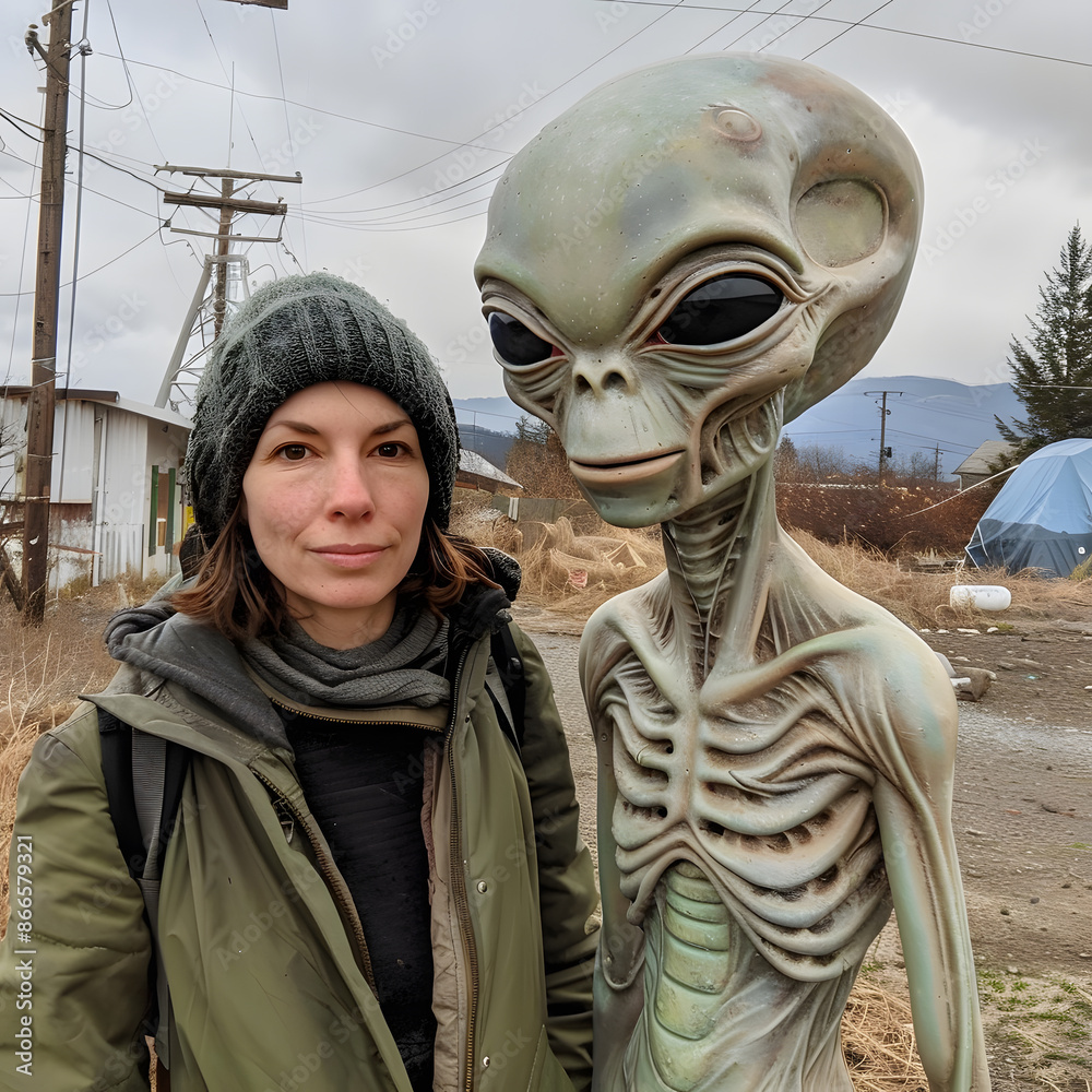 woman say hi to slimy alien leader in tiny town Stock Photo | Adobe Stock