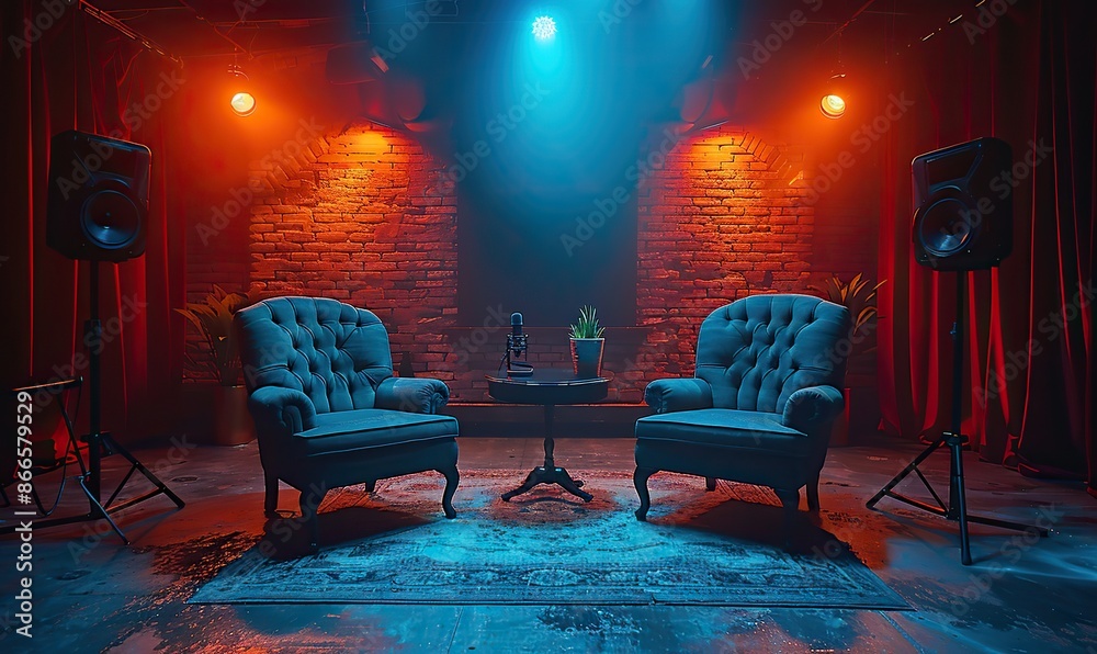 Navy background holds empty interview or podcast room with two chairs ...