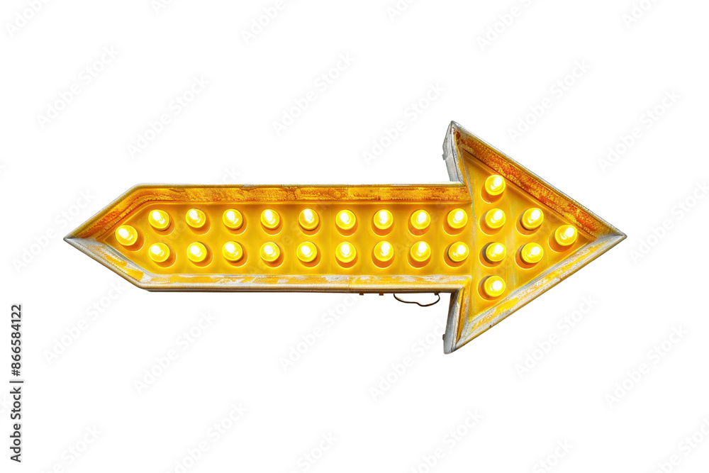 Bright yellow neon arrow sign pointing left with bulbs isolated on ...
