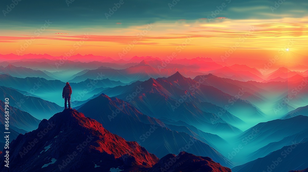 Complementary color schemes: person climbing a mountain peak, flat ...