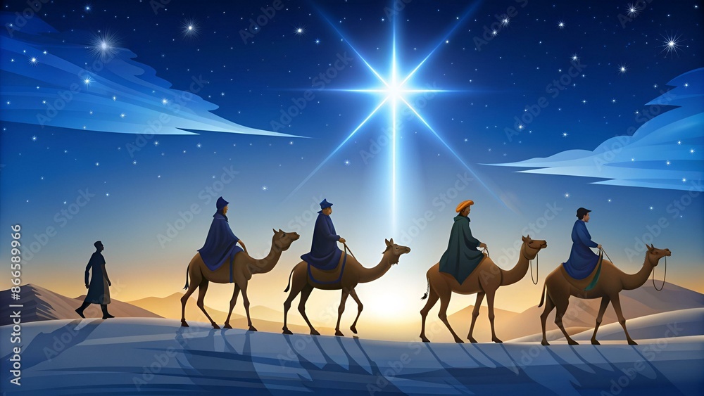 Vector illustration of the biblical three wise men heading toward the ...