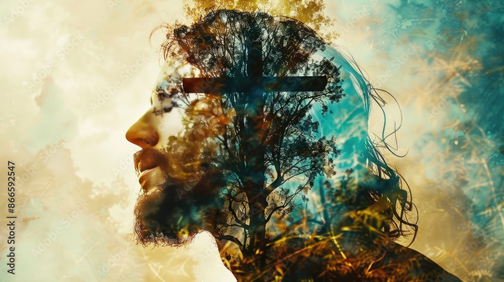 Artistic double exposure of Jesus Christ overlaying a cross and a tree ...