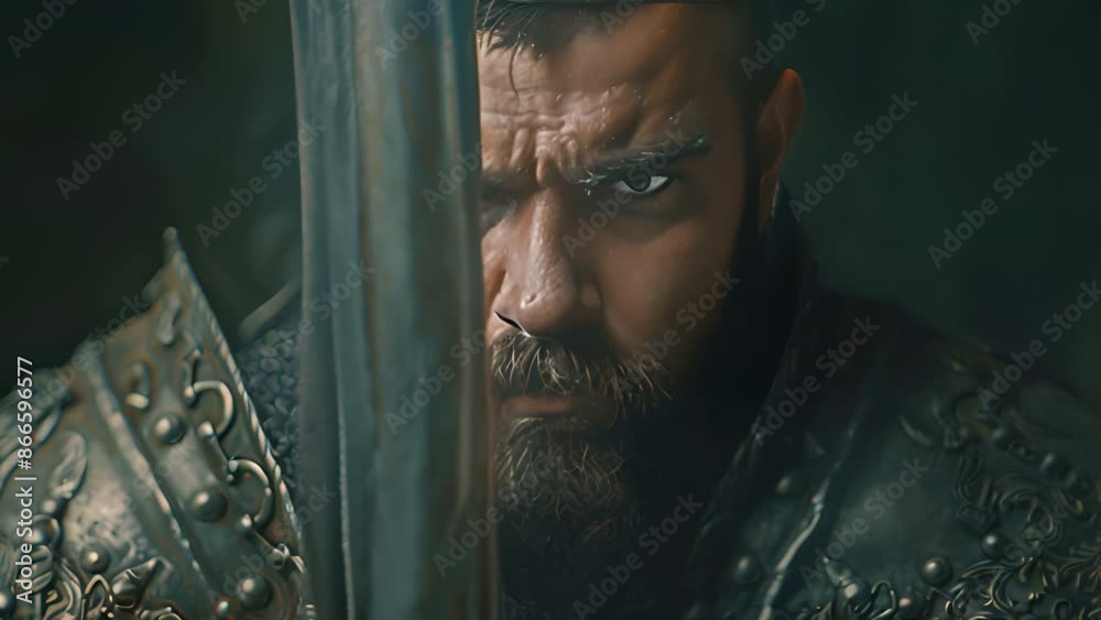 Bearded male warrior in medieval metal armor with sword. A fairy tale ...