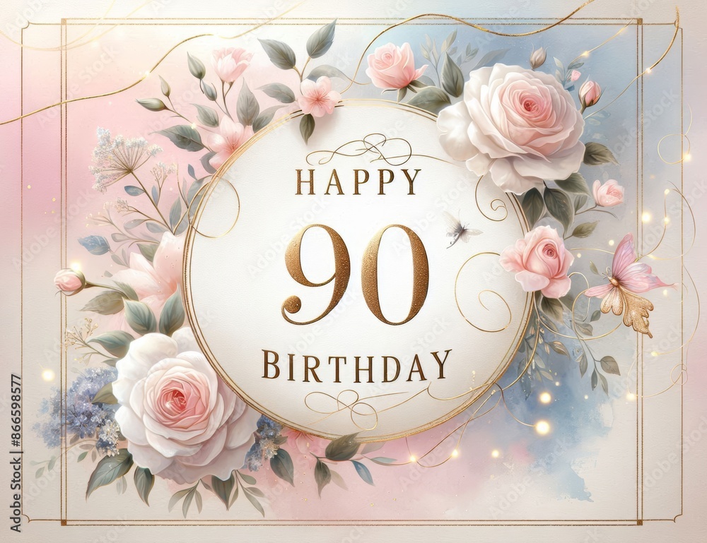 Elegant 90th birthday card with floral design and pastel colors, featuring roses and butterflies ...