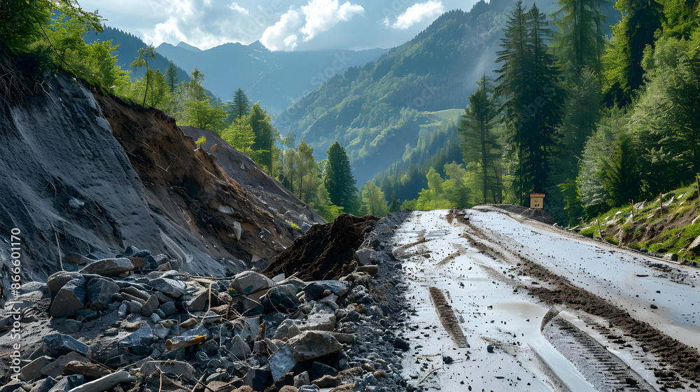 Massive landslide blocks winding mountain road, obstructing passage and ...
