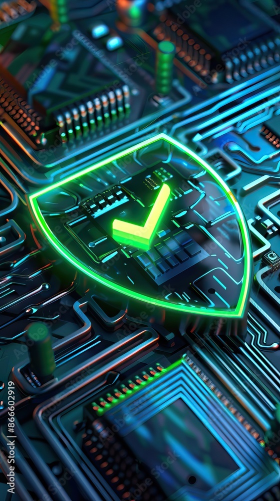 Digital security shield icon on a circuit board background. Printed ...