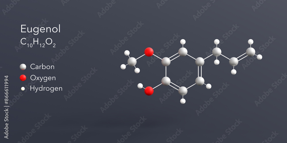 eugenol molecule 3d rendering, flat molecular structure with chemical ...