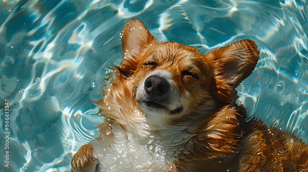 Portrait of a corgi dog swimming, floating and resting, relaxing in the ...