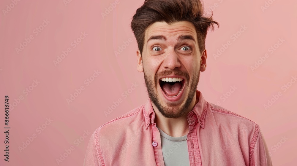 handsome man exited surprise face expression . Male feels shocked ...