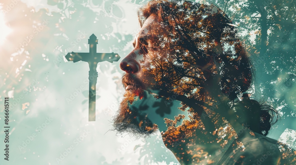 A double exposure image of Jesus Christ and a cross, with tree ...