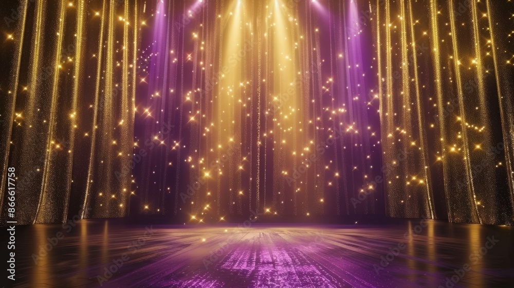 Glittering Gala: Golden Stage Opening with Spotlights and Luxurious ...