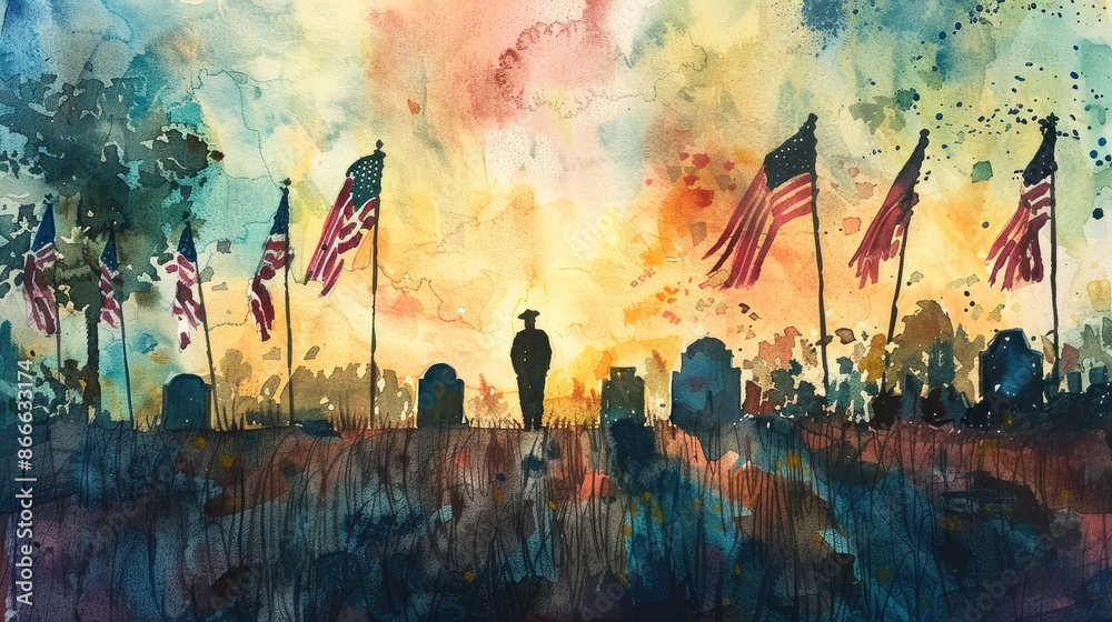 Honor and remembrance: A watercolor painting depicts a cemetery adorned ...