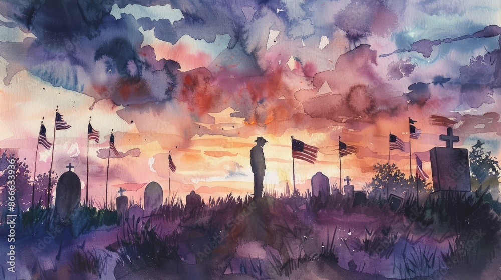 Honor and remembrance: A watercolor painting depicts a cemetery adorned ...