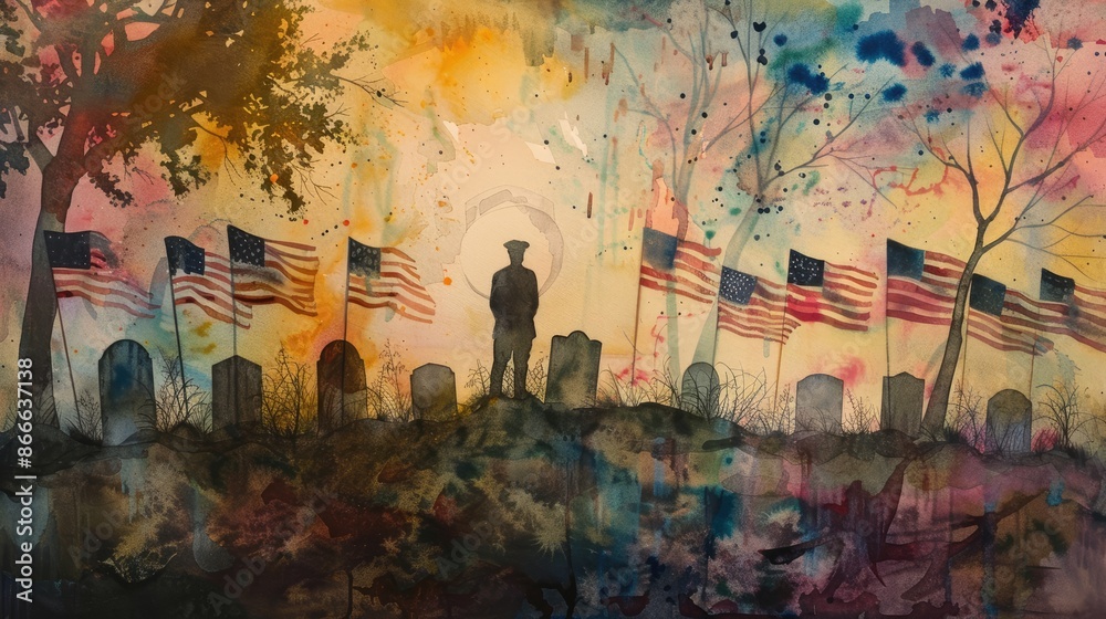 Memorial Day tribute: A solemn watercolor painting showcases a cemetery ...