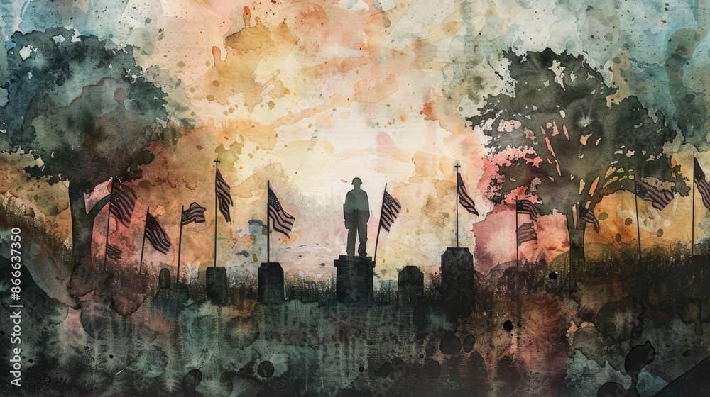 Memorial Day tribute: A solemn watercolor painting showcases a cemetery ...