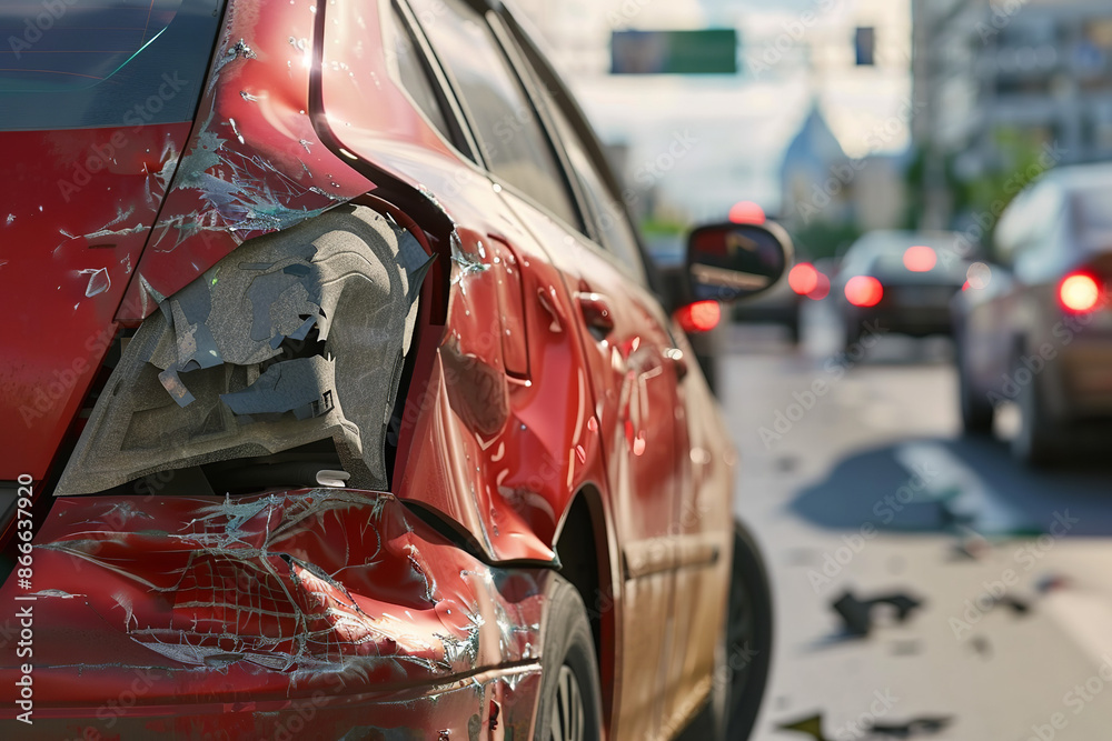 In a close-up shot, a red car is depicted with rear-end damage from a ...