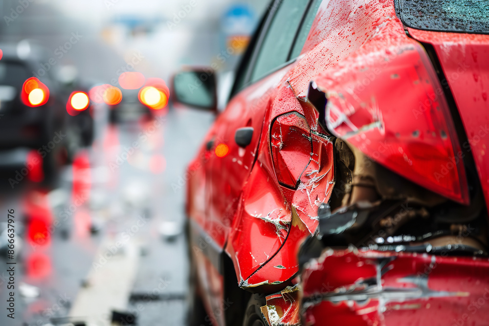 In a close-up shot, a red car is depicted with rear-end damage from a ...
